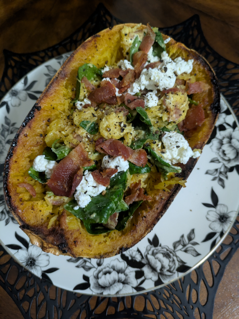 Bacon and goat cheese stuffed spaghetti squash - Broke Witch Cookbook